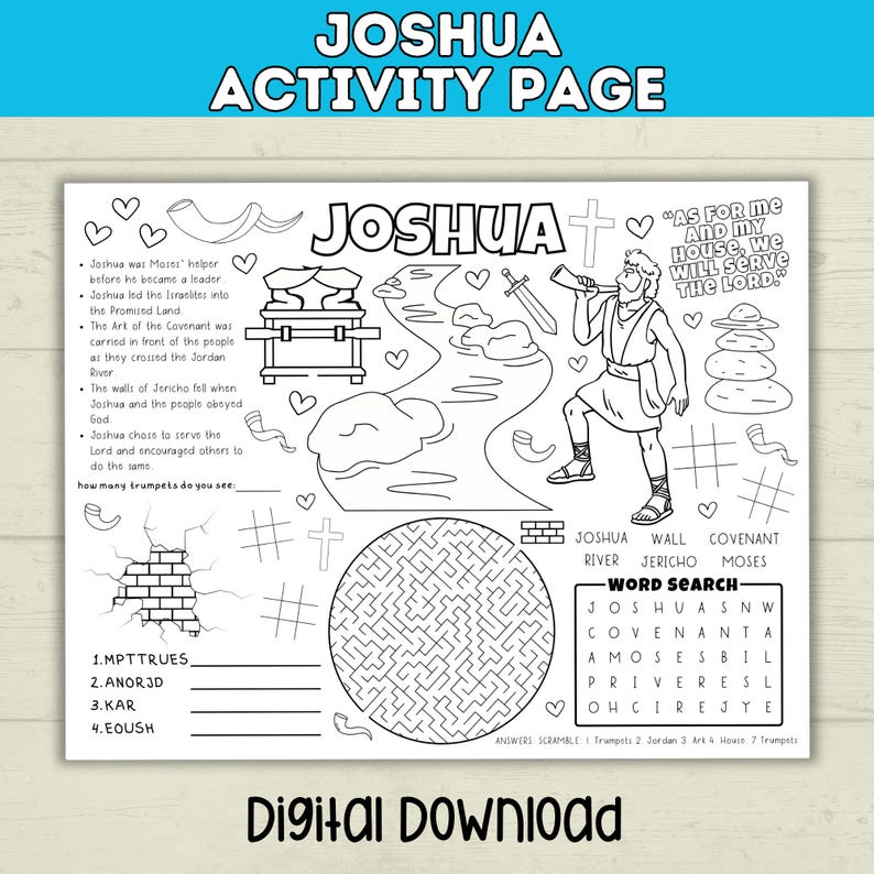 Joshua Kids Bible Character Activity Page, Coloring Sunday School ...