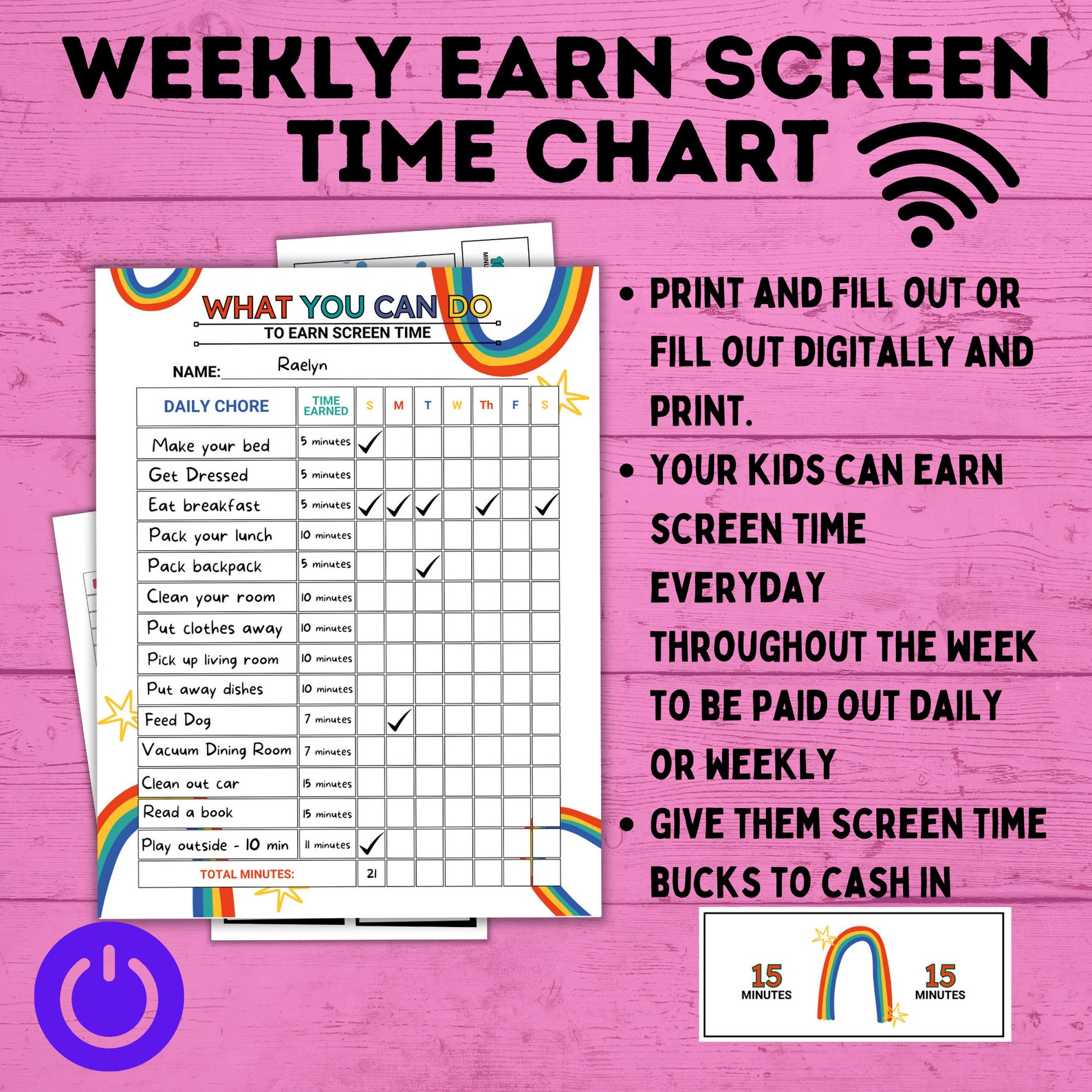 Weekly Earn Screen Time Chart for Kids | Screen Time Chart | TV Chart ...