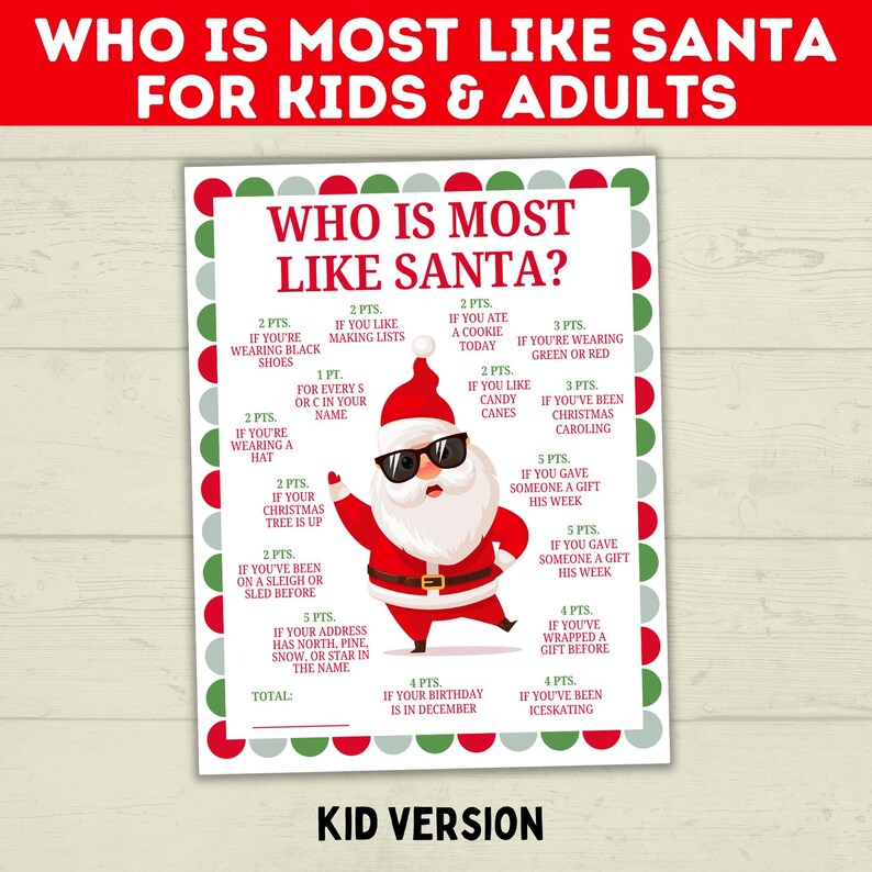 Who is Most Like Santa Claus Christmas Printable Game Kids and Adults ...