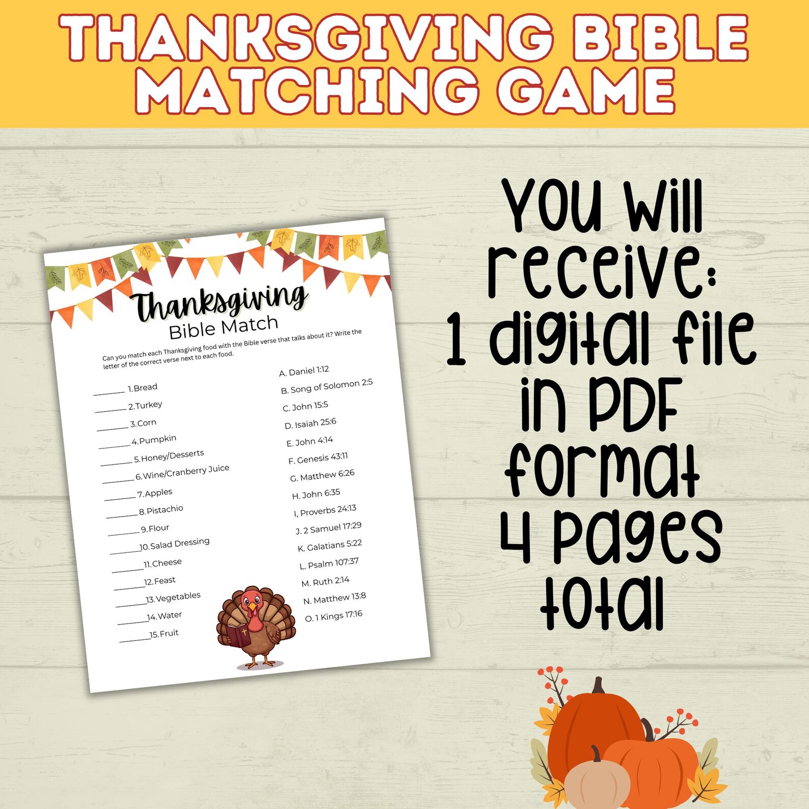 Thanksgiving Bible Match Game Printable for Kids and Adults | Digital ...