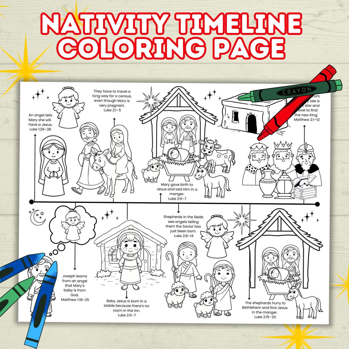 Nativity Coloring Pages for Kids, Bible Scripture Sheet, Holiday Craft ...