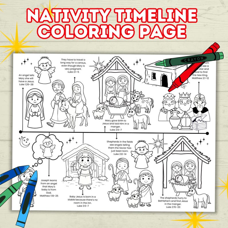 Nativity Coloring Pages for Kids, Bible Scripture Sheet, Holiday Craft ...