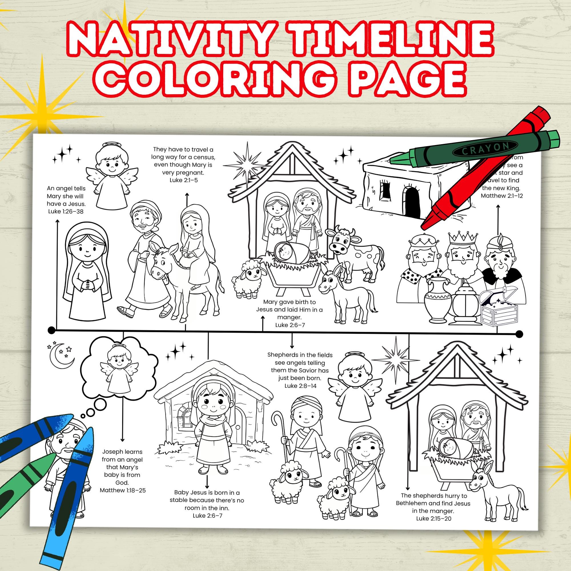 Nativity Coloring Pages for Kids, Bible Scripture Sheet, Holiday Craft ...