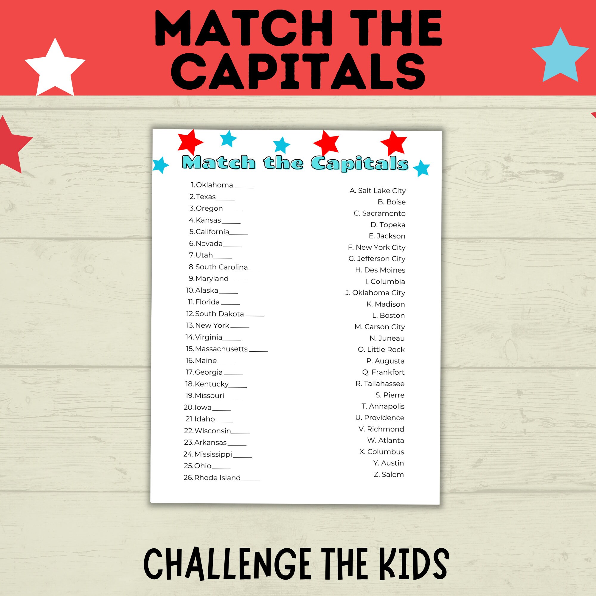 Match the Capitals Game | Party Game | History Game | 4th of July Game ...