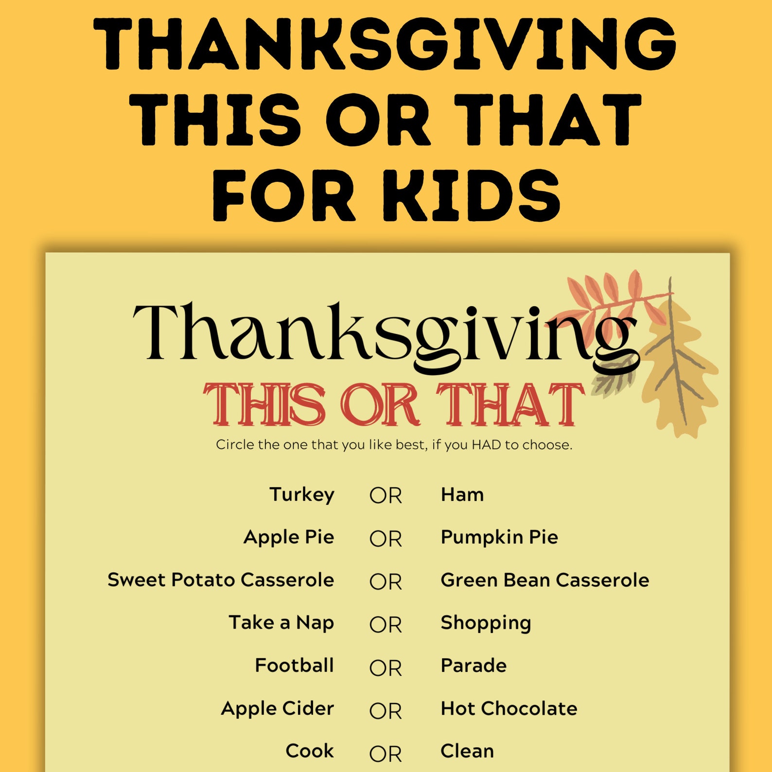 Thanksgiving This or That Thanksgiving Game Dinner Game Party Game Kids ...