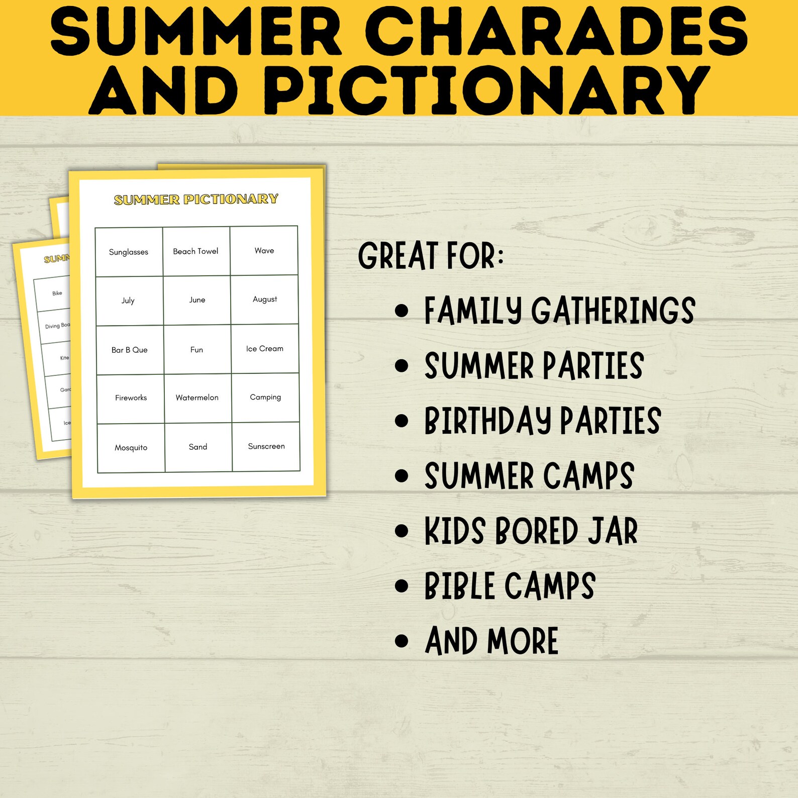 Summer Pictionary for Kids and Family | Summer Charades | Summer ...