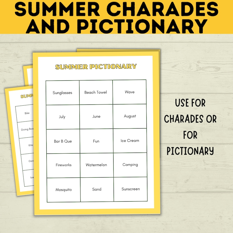 Summer Pictionary for Kids and Family | Summer Charades | Summer ...