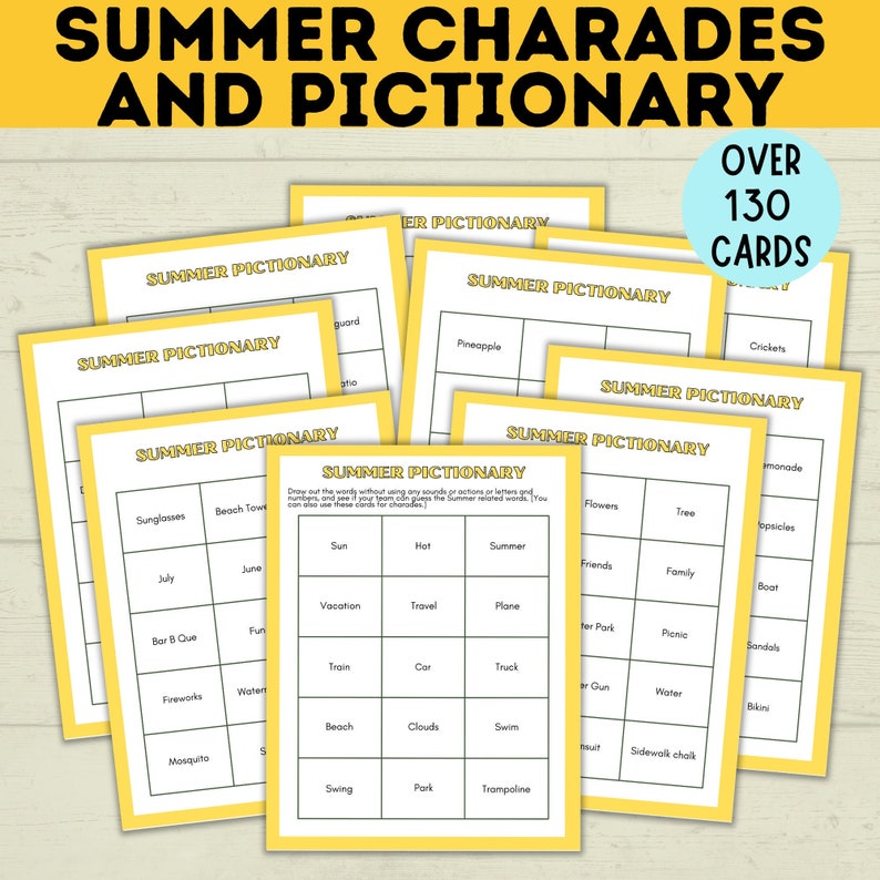 Summer Pictionary for Kids and Family | Summer Charades | Summer ...