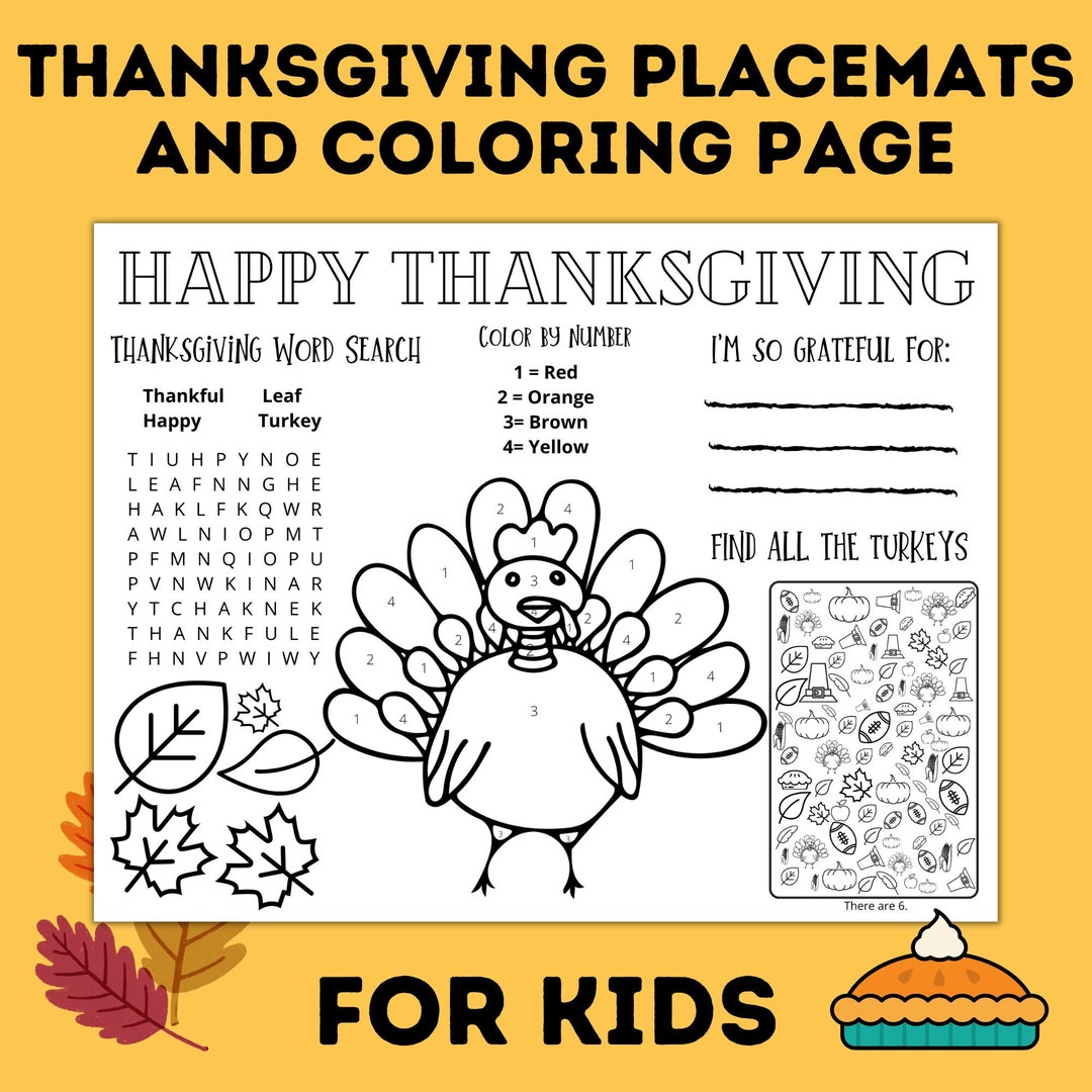 Thanksgiving Kids Activity Place Mat: Coloring Page, Word Search (PDF ...