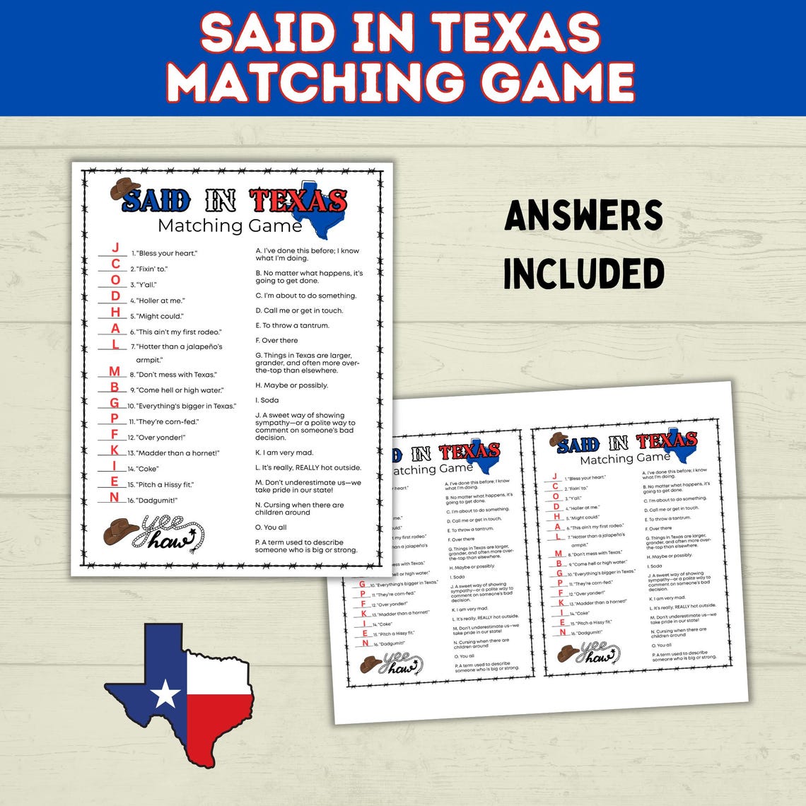 Said in Texas Matching Game: Printable Family Activity (PDF Download ...