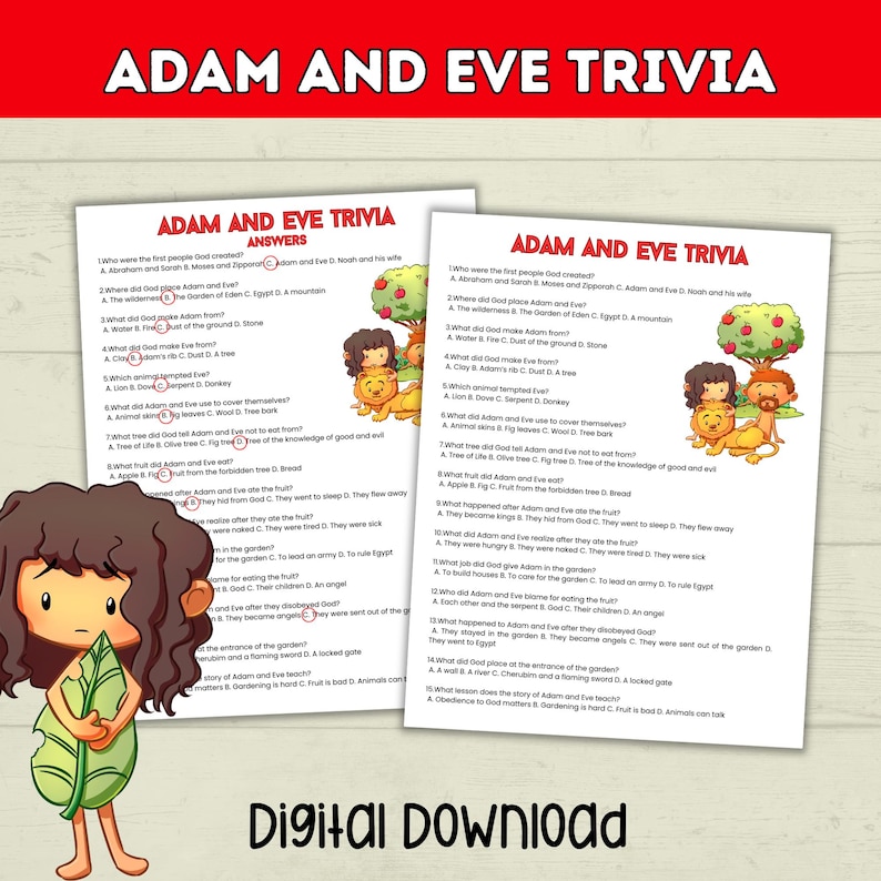 Adam and Eve Trivia Printable for Kids, Garden of Eden, Bible ...