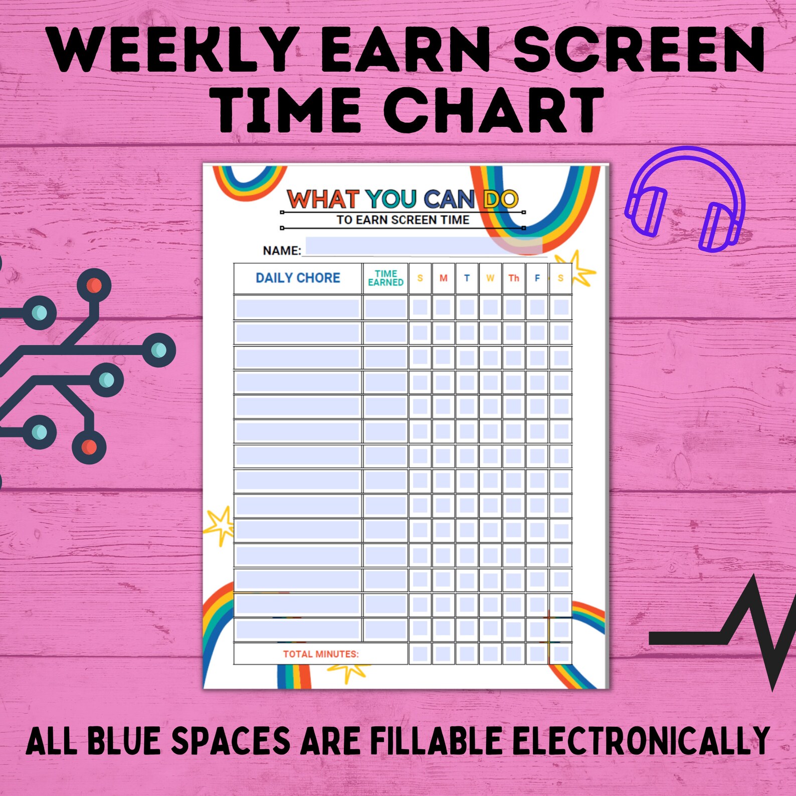 Weekly Earn Screen Time Chart for Kids | Screen Time Chart | TV Chart ...