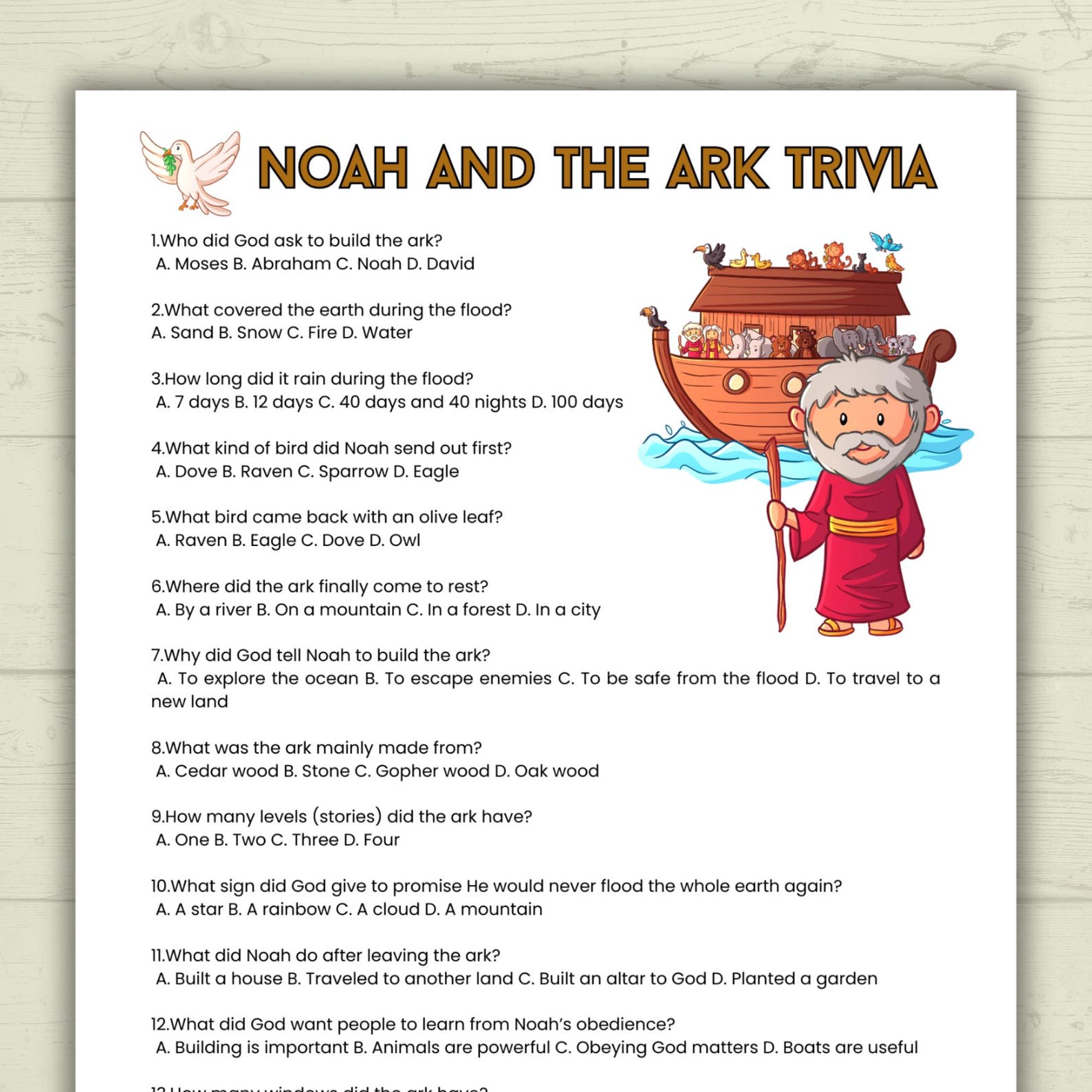 Noah's Ark Trivia Game Printable Old Testament Activity, Sunday School ...