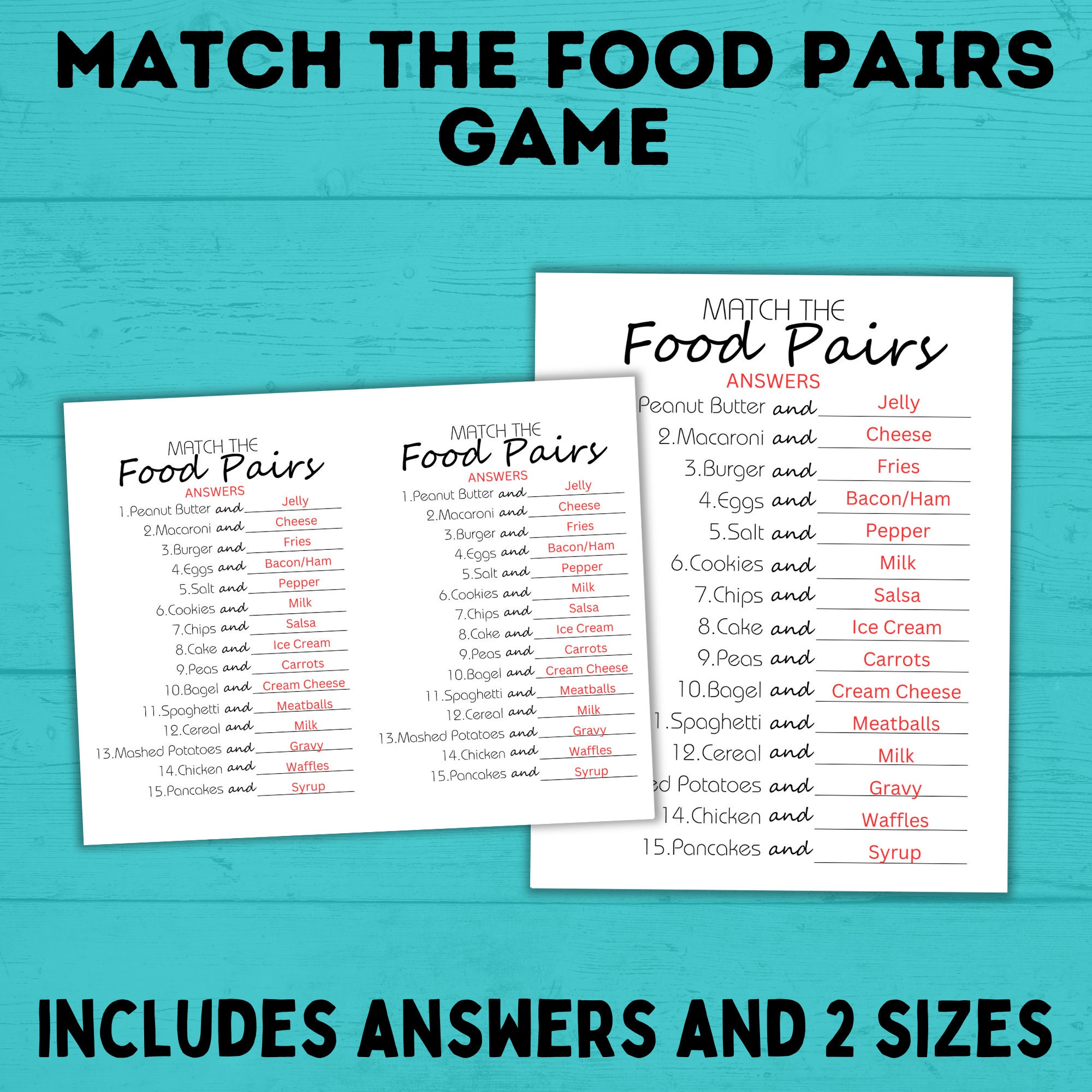Printable Party Food Pairs Game for Kids, Digital Download, PDF ...