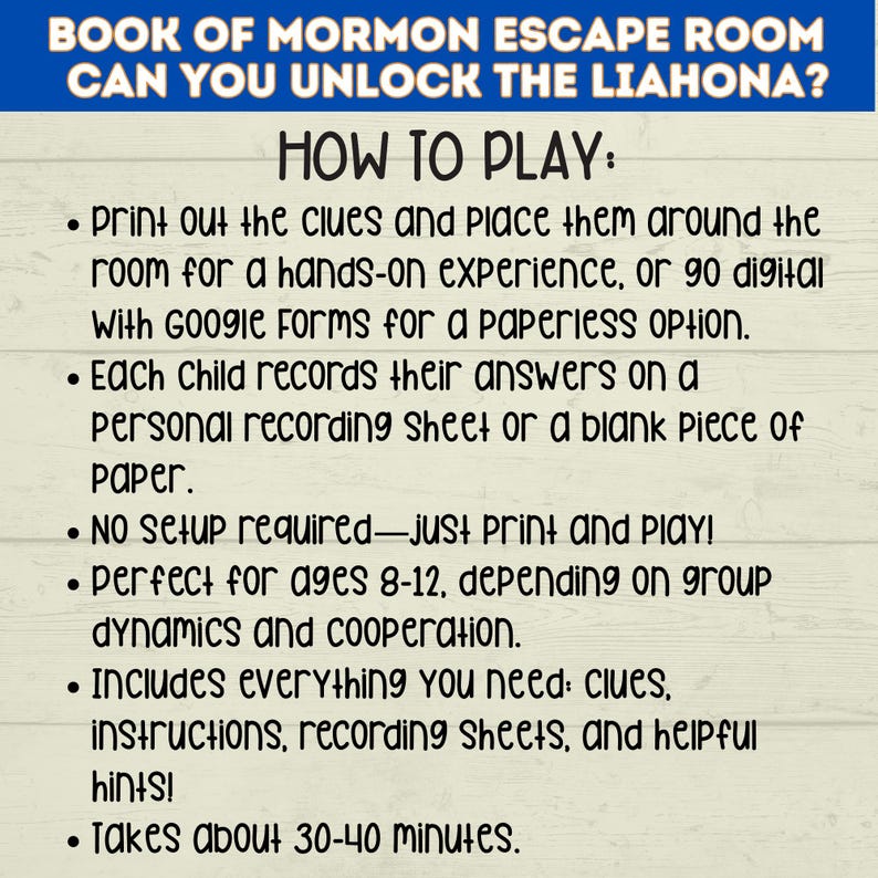 Book of Mormon Escape Room for Kids Ages 8-12 | Book of Mormon Games ...