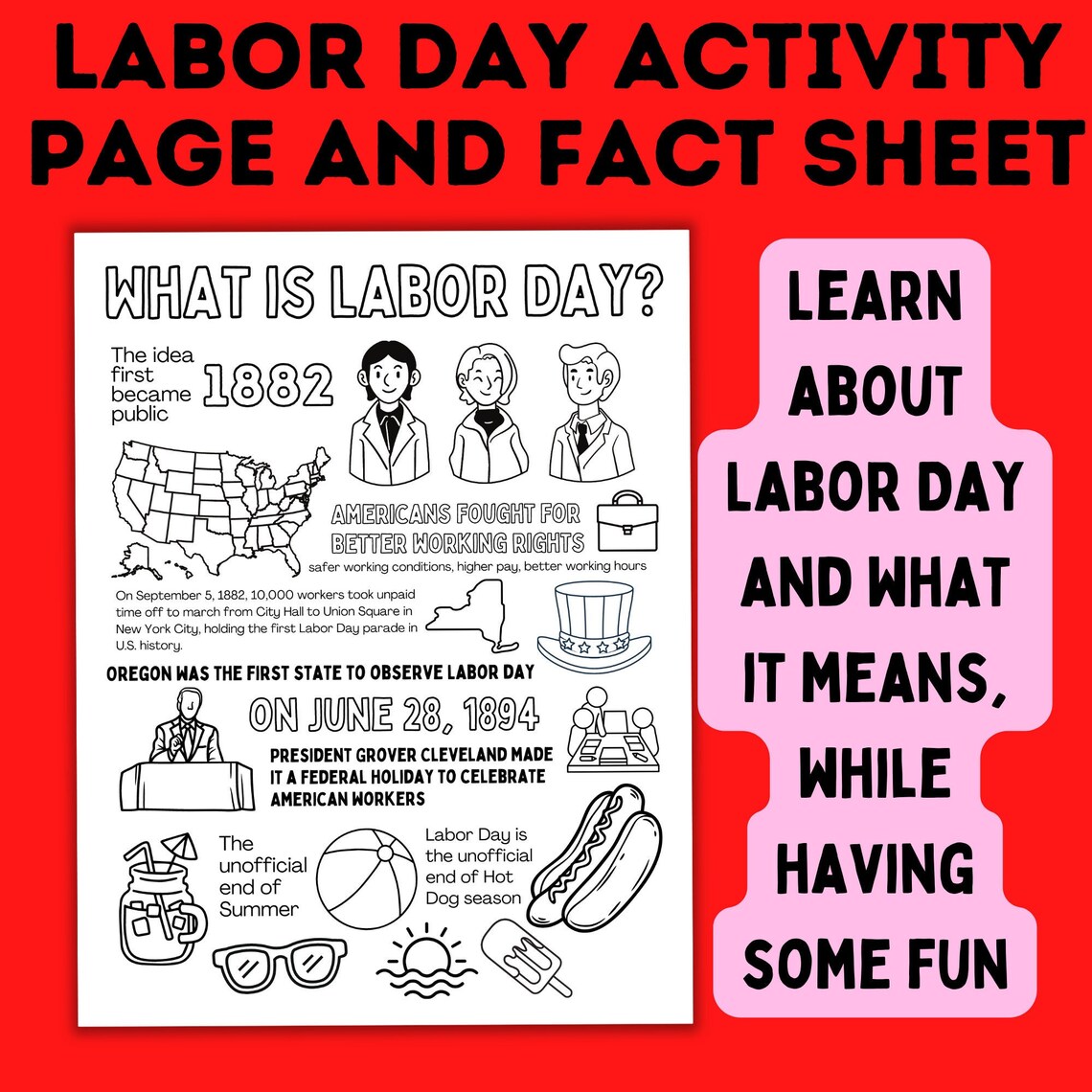 Labor Day Activity Page & Fact Sheet: Kids Learning (PDF Download) - Etsy