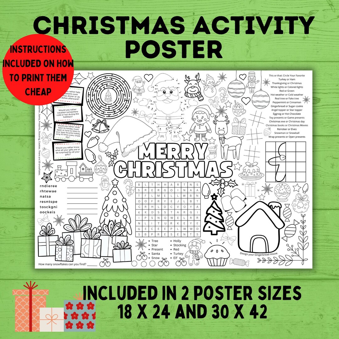 Giant Christmas Coloring Poster Art for Kids, Printable Holiday Family ...