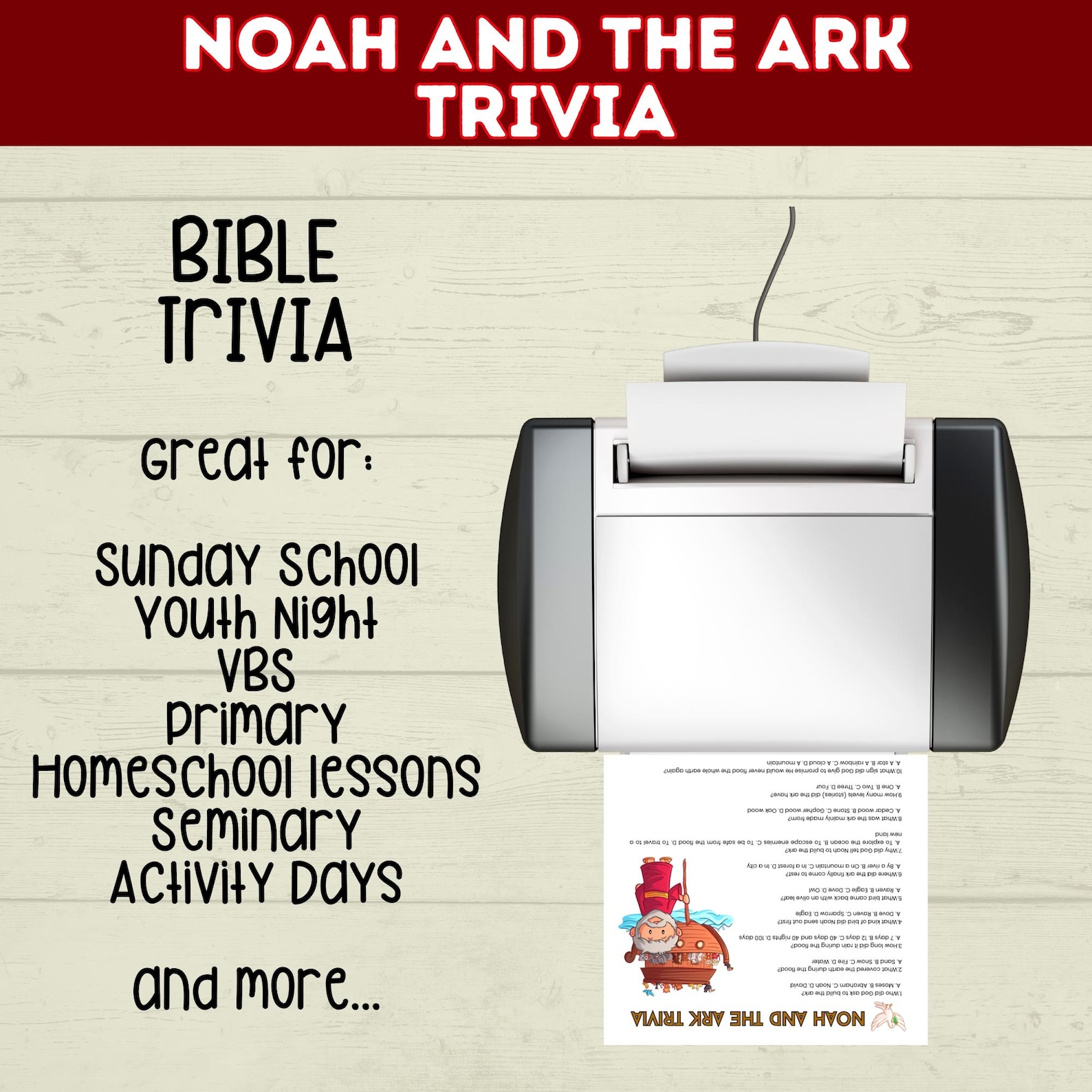 Noah's Ark Trivia Game Printable Old Testament Activity, Sunday School ...