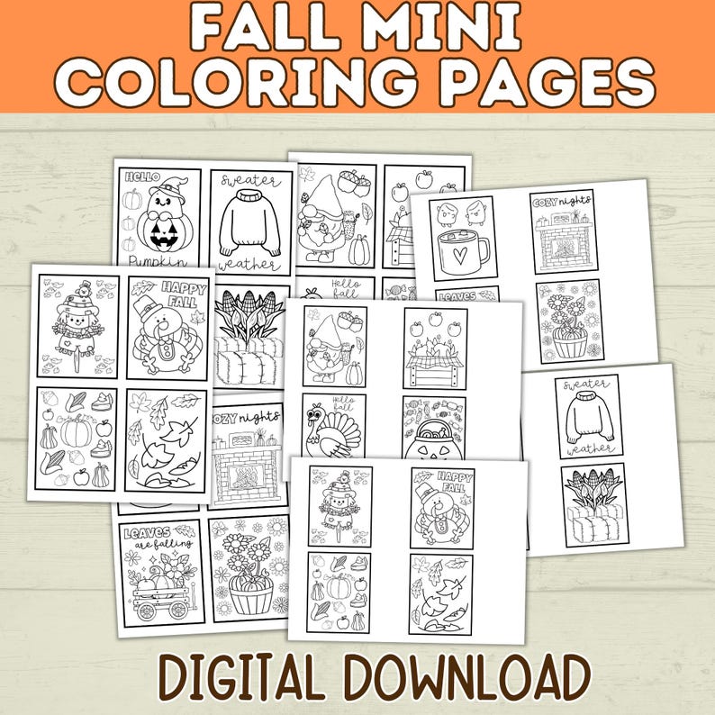 Fall Mini Coloring Pages: Kids' Activity, Preschool Printables (digital ...