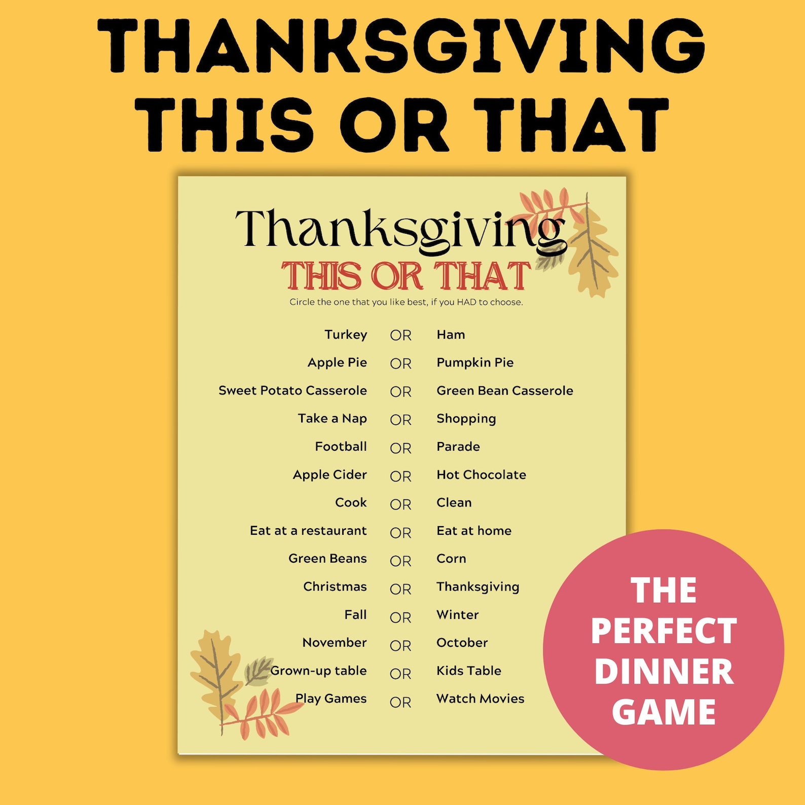 Thanksgiving This or That Thanksgiving Game Dinner Game Party Game Kids ...