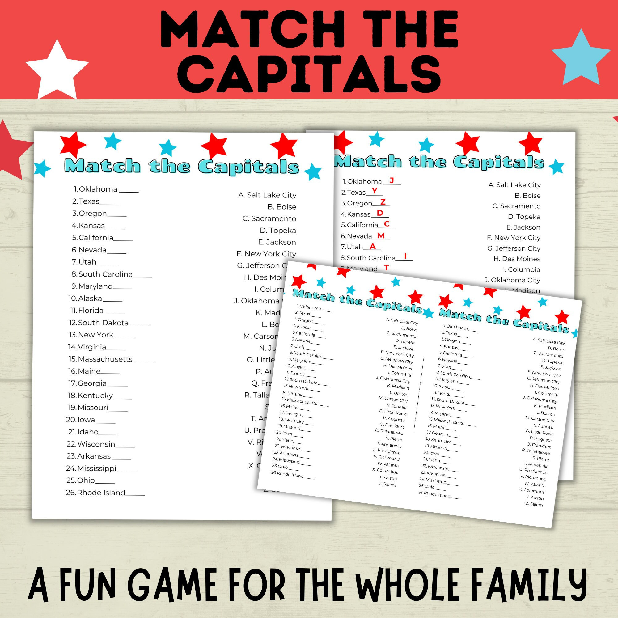 Match the State Capitals, Patriotic Trivia, Patriotic Game, USA Game ...