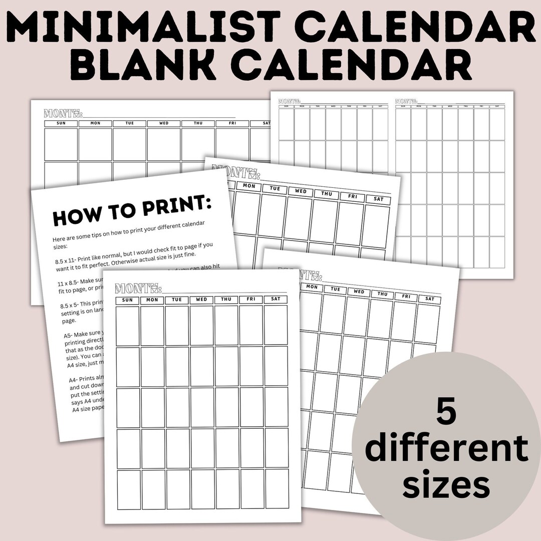 Blank Monthly Calendars | Minimalist Calendar for Planners | Black and ...
