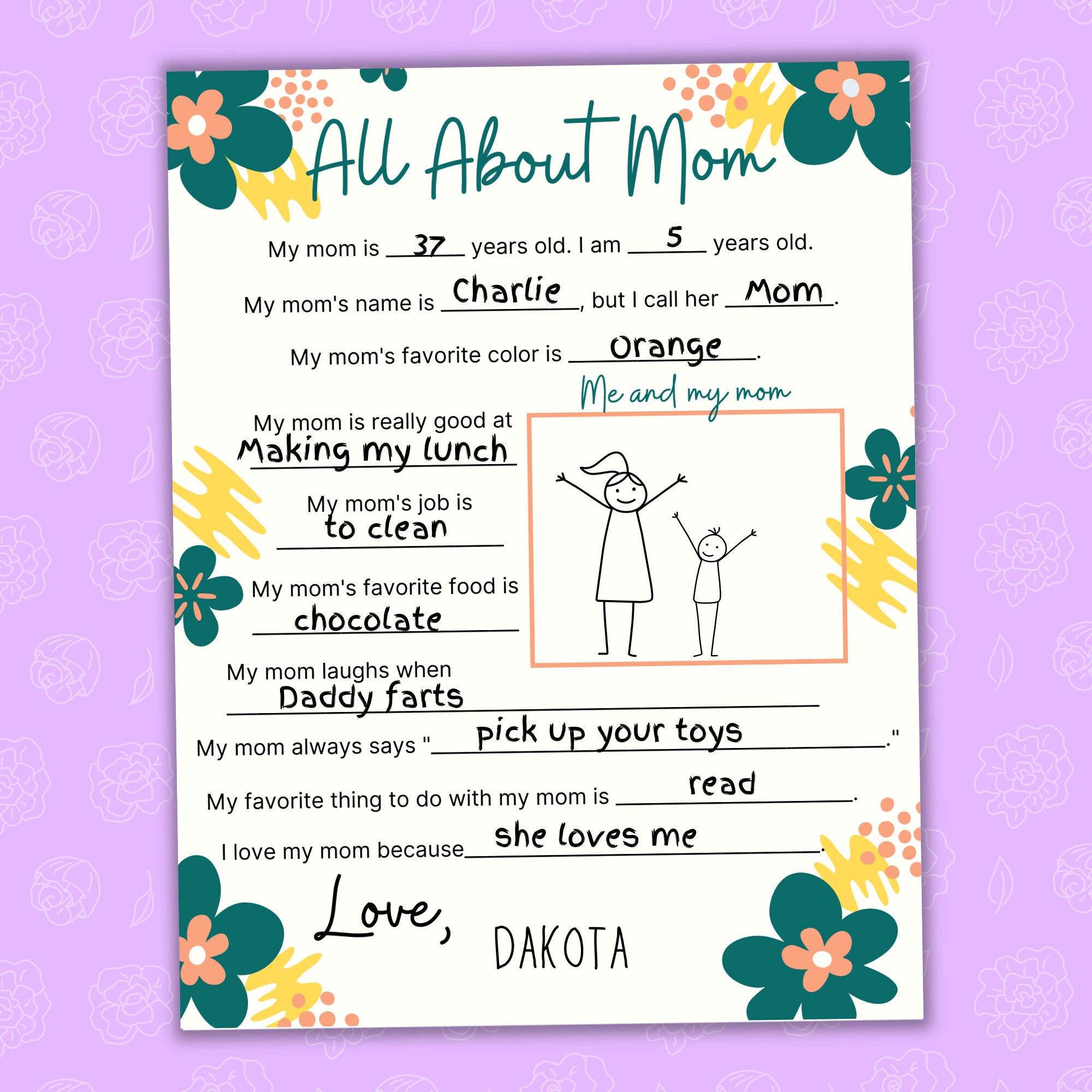 Mother's Day Questionnaire Mother's Day Gift Gift Ideas for Moms Letter ...
