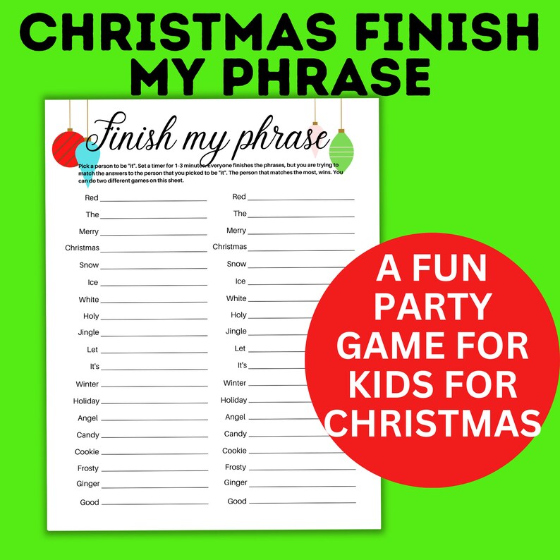 Christmas Finish My Phrase for Kids and Family Printable Party Match ...