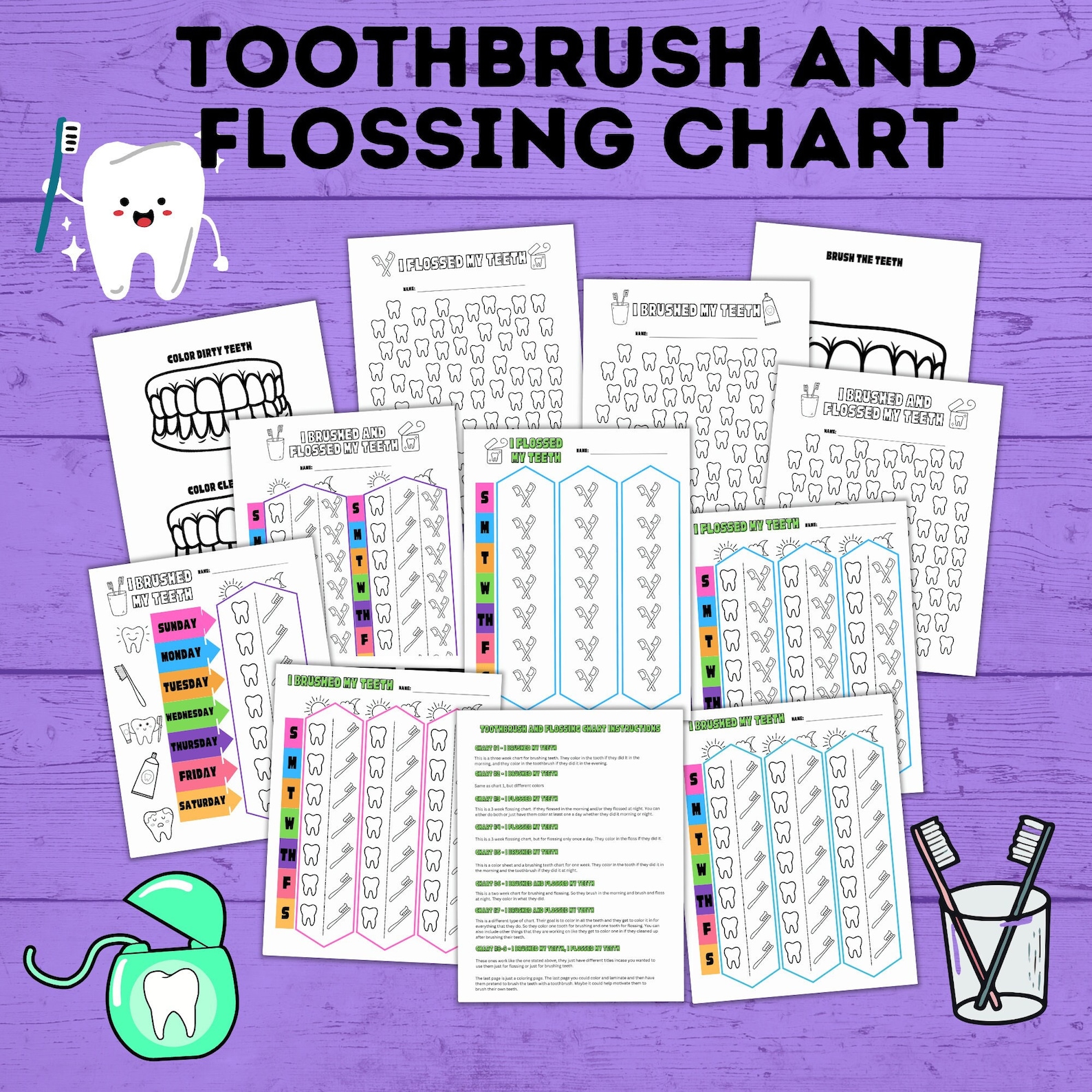 Toothbrush Chart for Kids | Flossing Chart | Brushing Teeth Reward ...