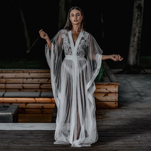 Long Sheer Bridal Robe With Embroidered Sleeves F45 Bridal - Etsy Israel