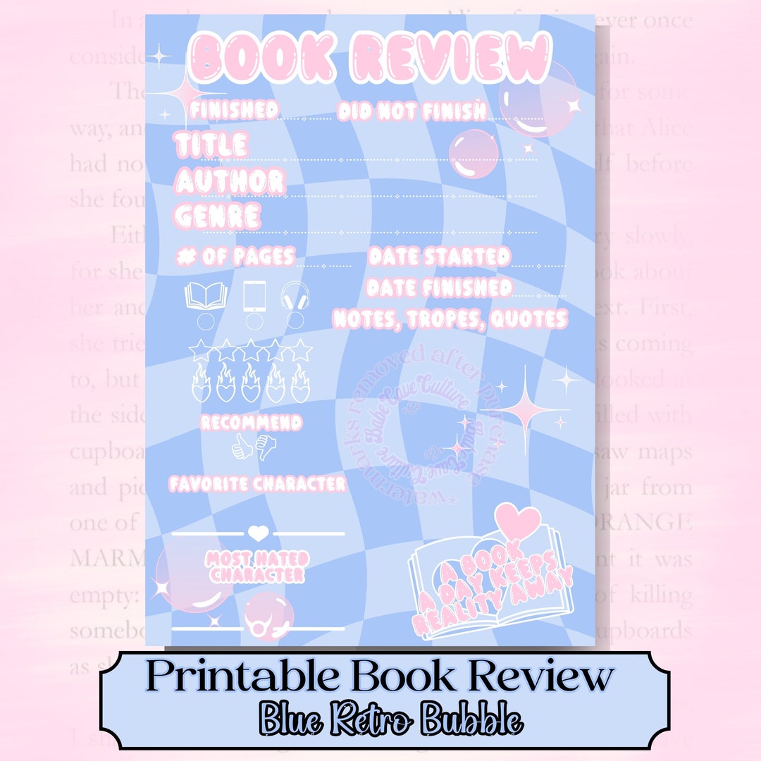 Book Review Printable Blue Kawaii Retro Book Lover Gift Librarian Pink ...