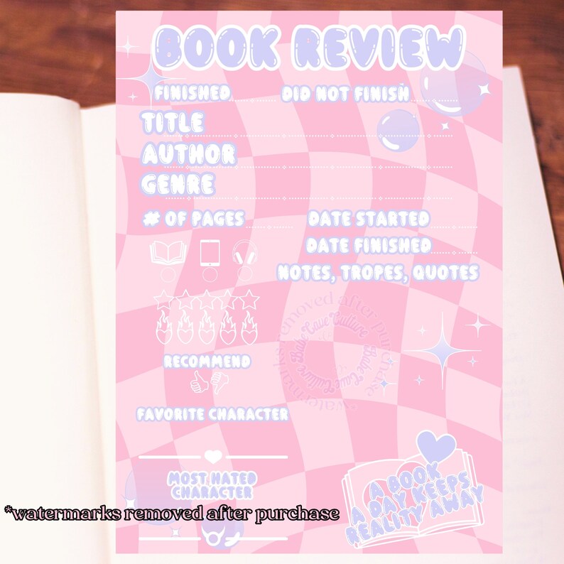 Book Review Printable Pink Kawaii Retro Book Lover Gift Librarian ...