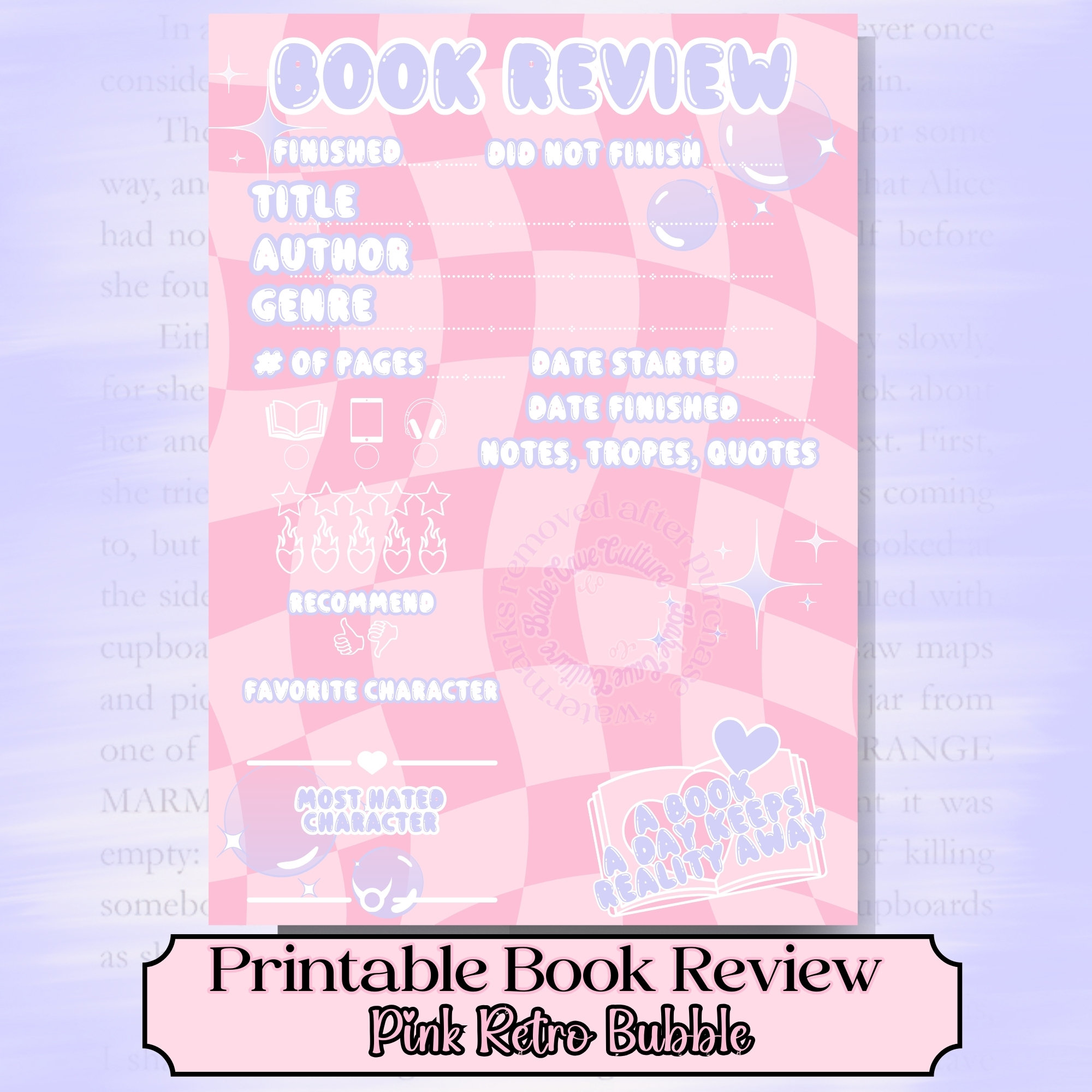 Book Review Printable Pink Kawaii Retro Book Lover Gift Librarian ...