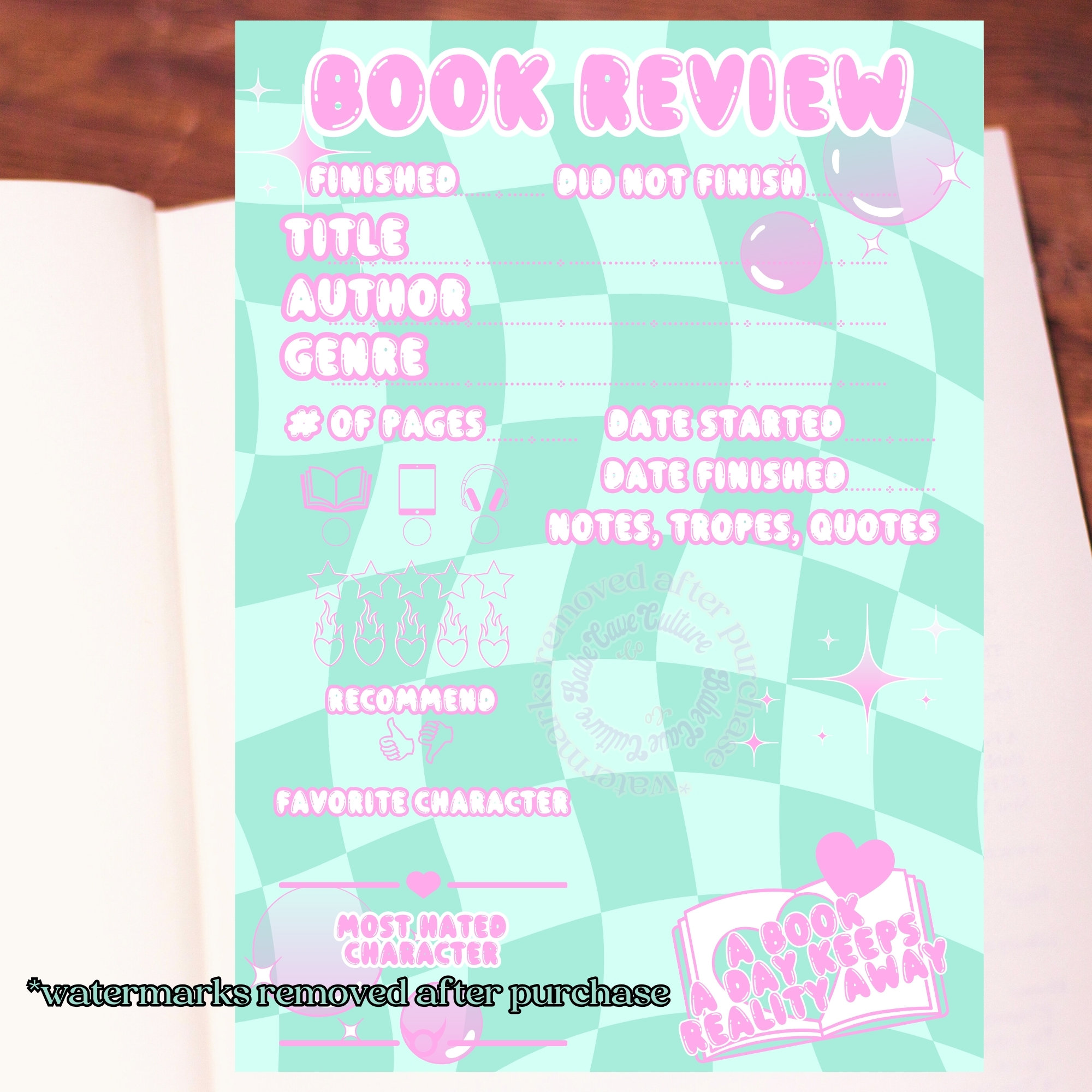 Book Review Printable Green Kawaii Retro Book Lover Gift Librarian Pink ...