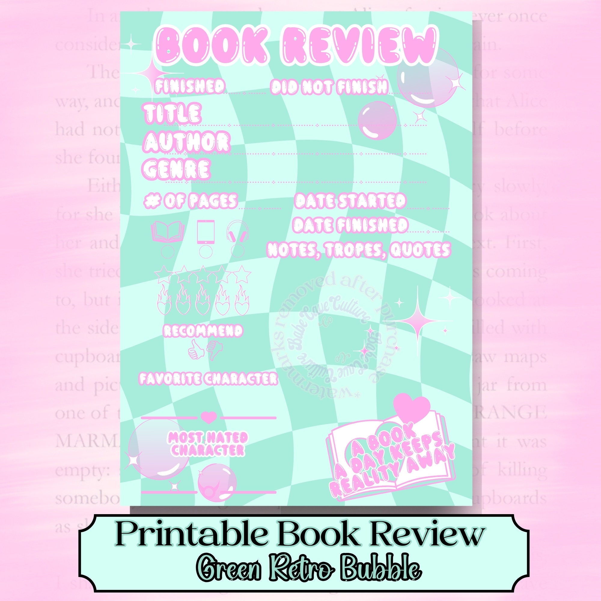 Book Review Printable Green Kawaii Retro Book Lover Gift Librarian Pink ...