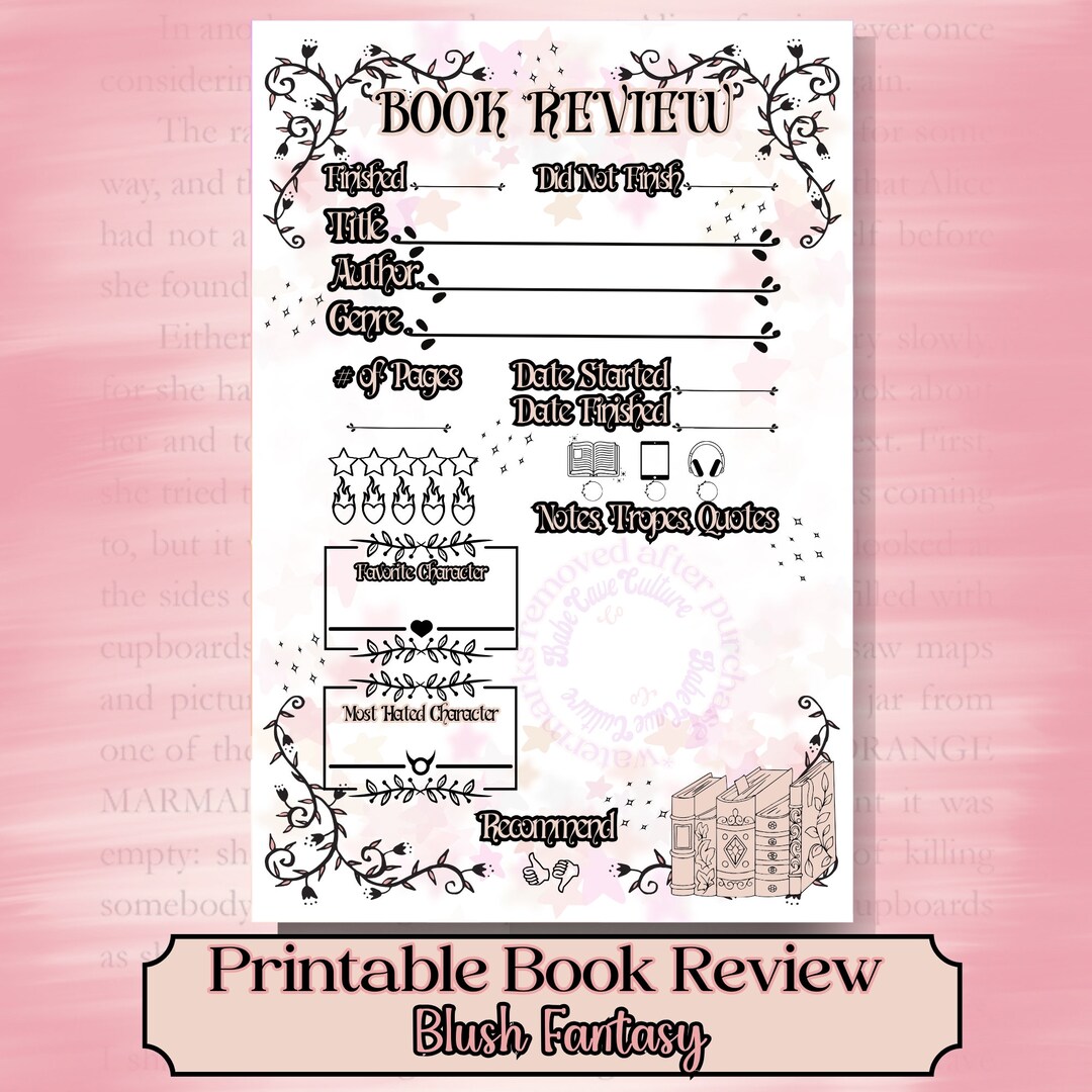 Book Review Printable Pastel Fantasy Book Lover Gift Librarian Pink ...