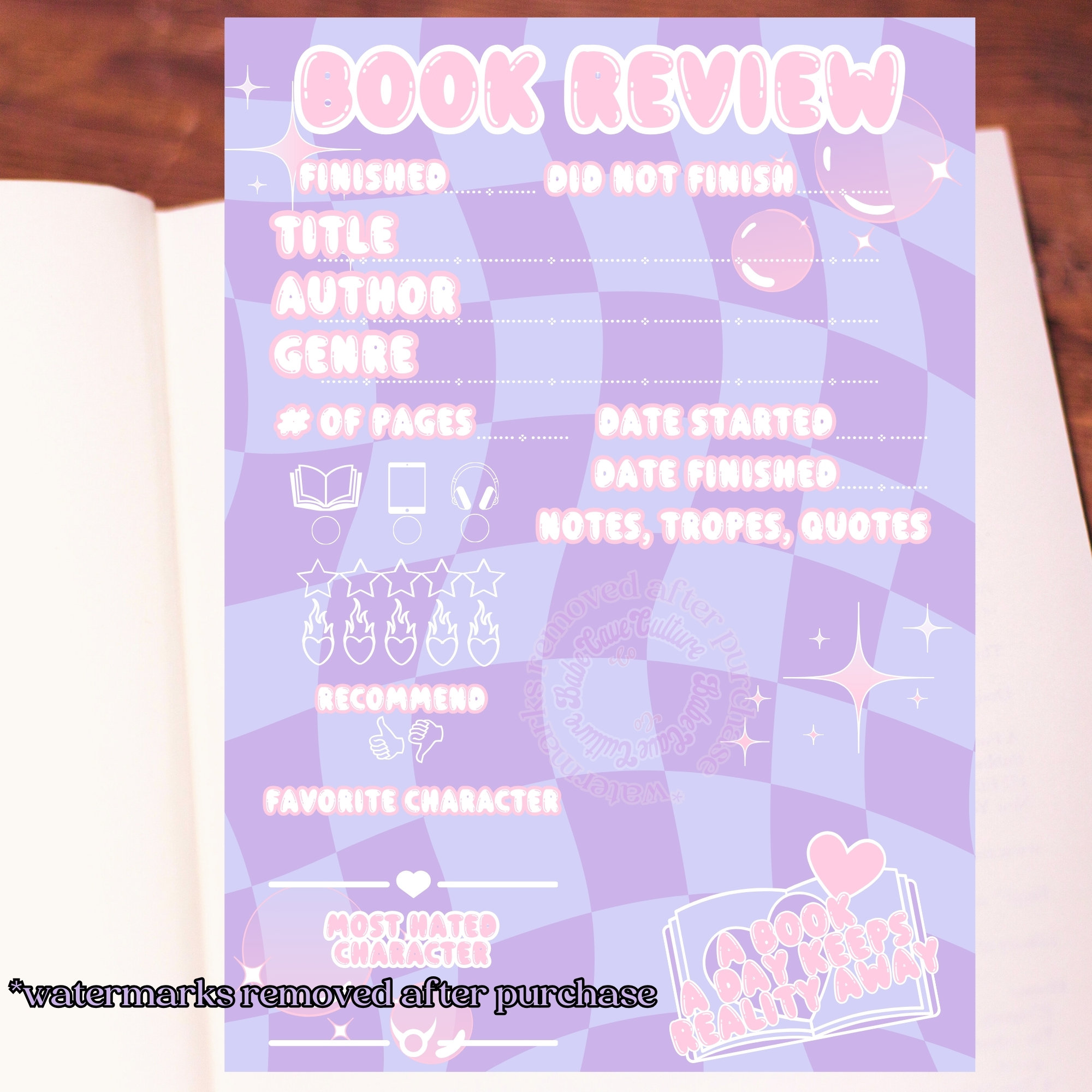 Book Review Printable Purple Kawaii Retro Book Lover Gift Librarian ...