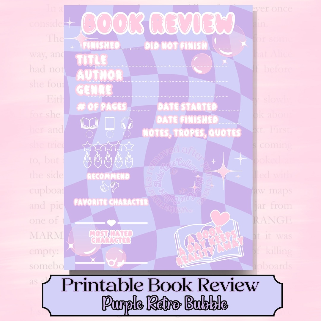 Book Review Printable Purple Kawaii Retro Book Lover Gift Librarian ...