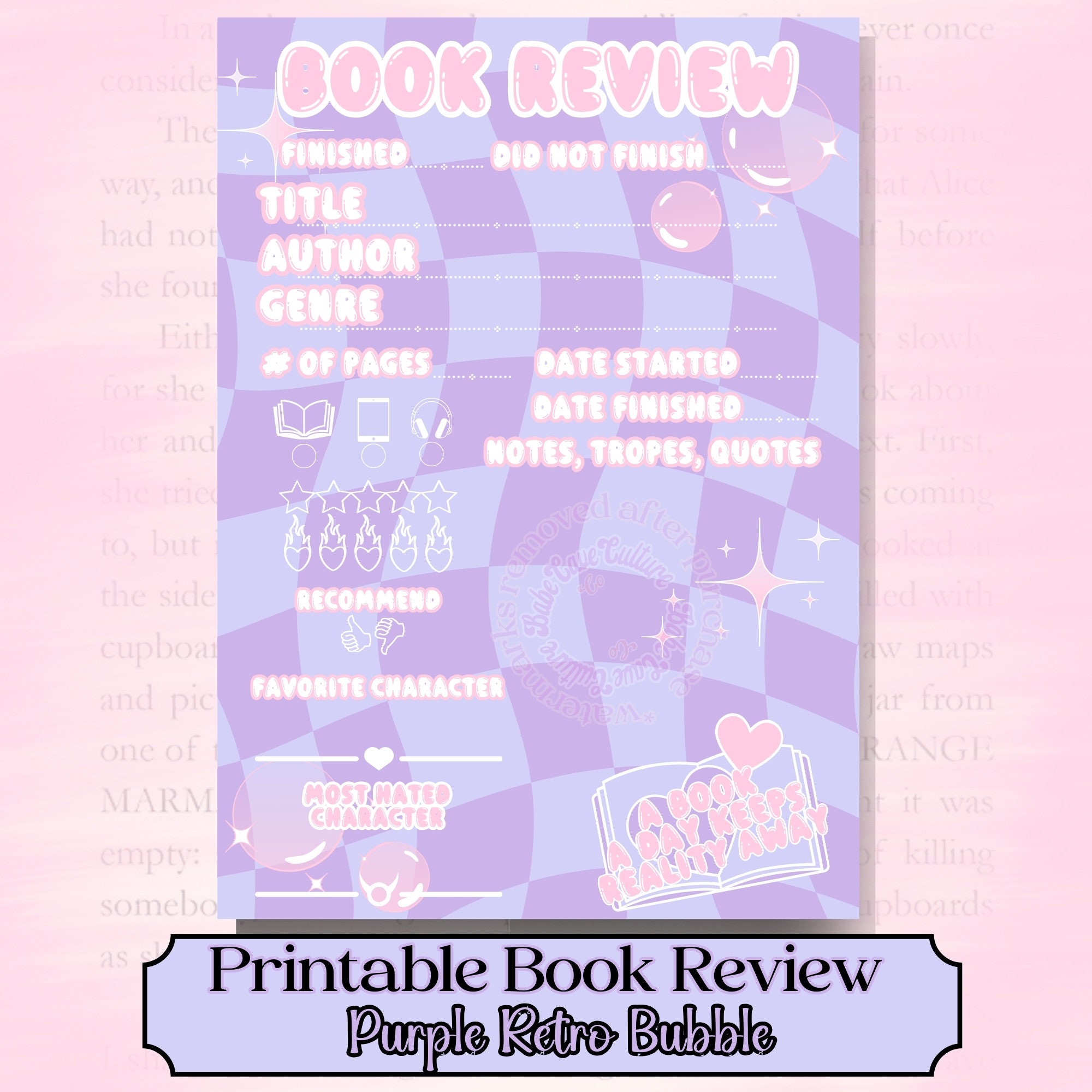 Book Review Printable Purple Kawaii Retro Book Lover Gift Librarian ...