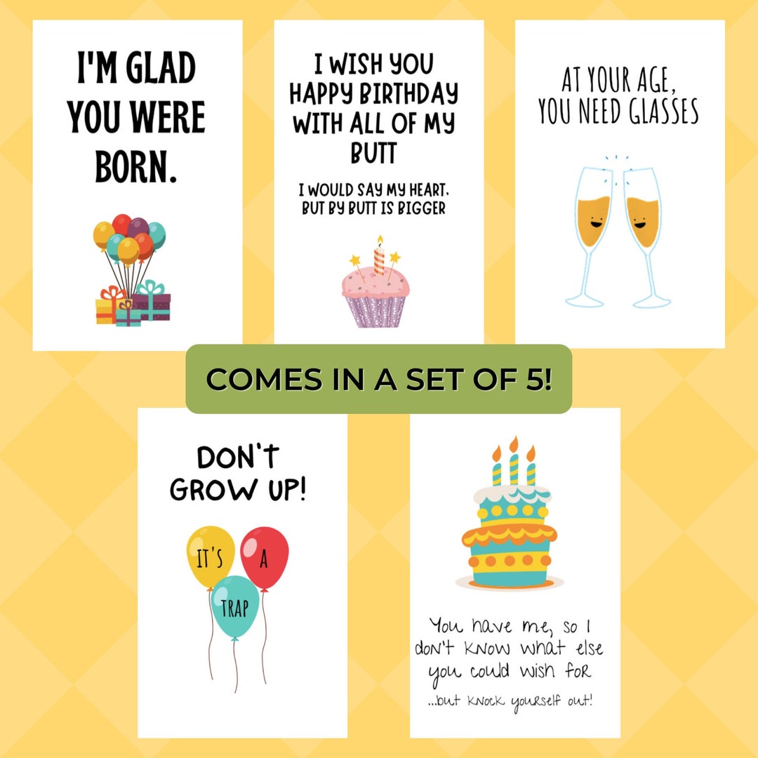 Printable Funny Birthday Cards Set of 5 | Digital Birthday Cards Funny ...