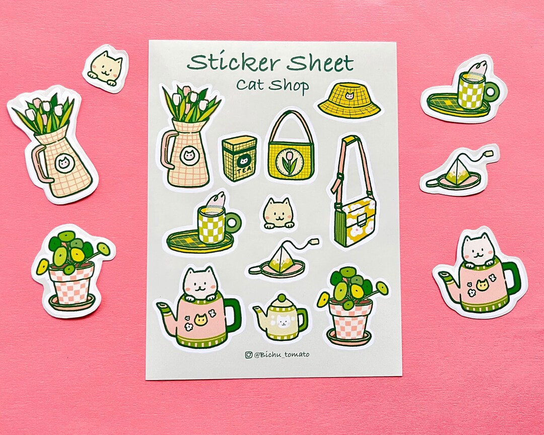 Natural Green Sticker Sheet, Cozy Cat Sticker Sheet, Tea Time Stickers ...