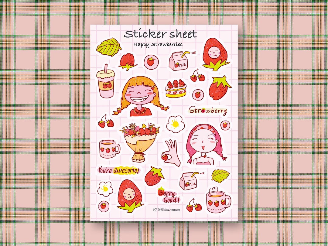 Strawberry Sticker Sheet, Pink Strawberry Stickers, Berry Good, You Are ...