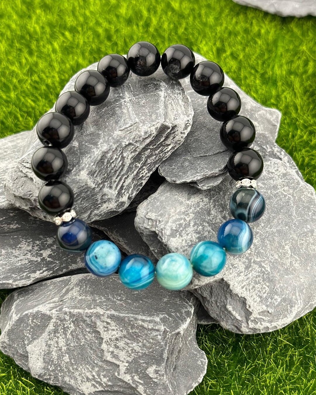 Interstellar Black Obsidian Crystal Bracelet, Gemstone Beads, Stretch ...