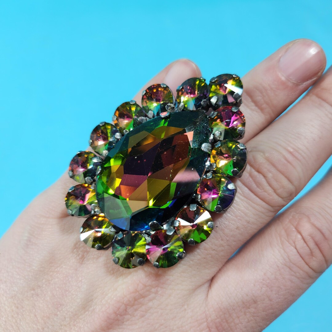 Large Crystal Cocktail Ring. Adjustable Ring, Drag Ring, Crystal Ring ...