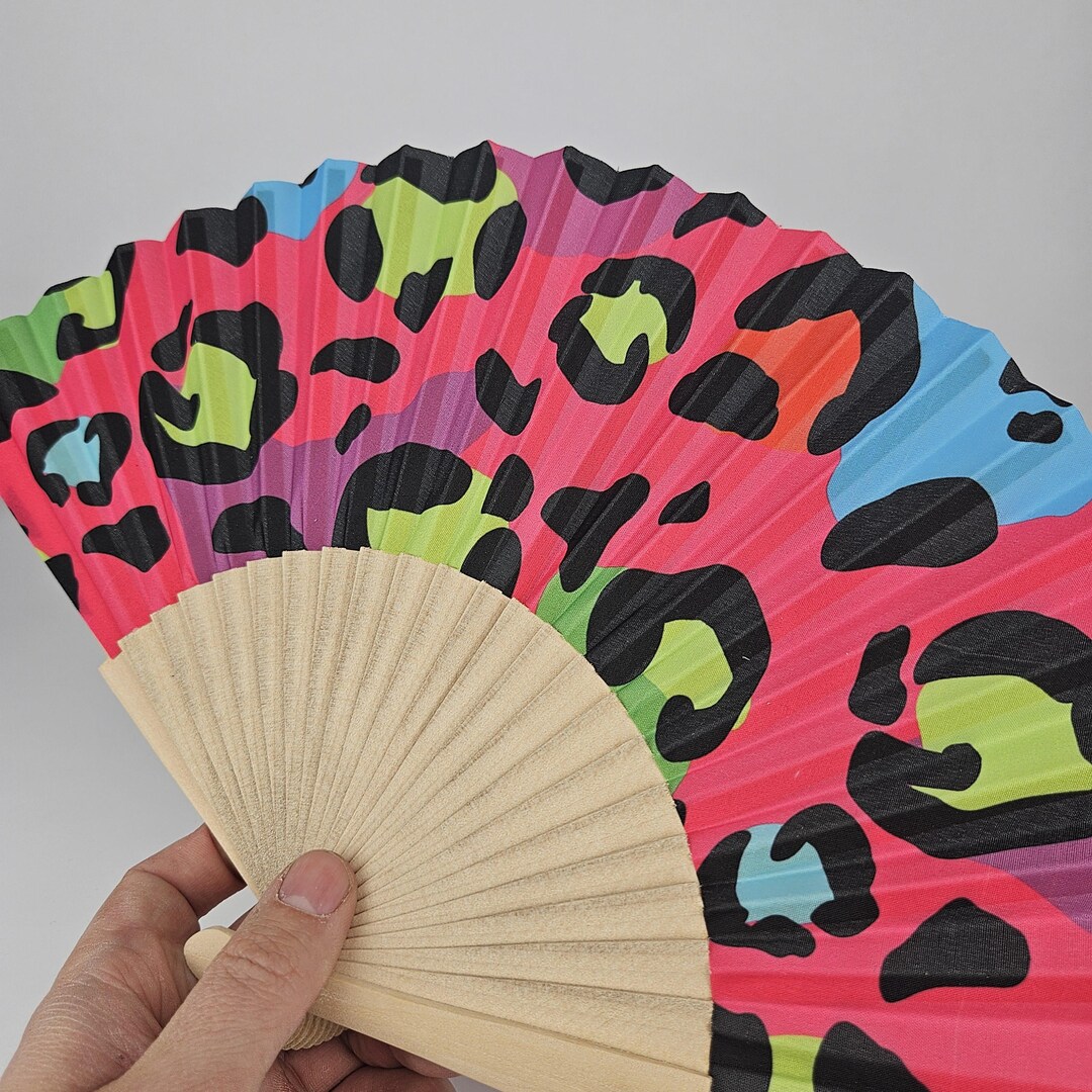 Handheld Rainbow Leopard Folding Fan - Compact Bamboo Fan for Festivals ...