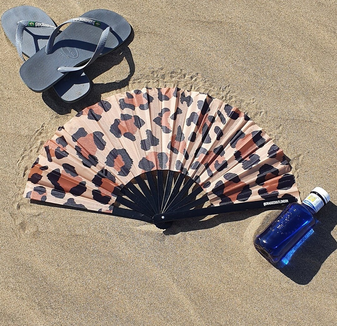 LEOPARD Giant Bamboo Clack Fan. Including a Draw String Bag. Festivals ...