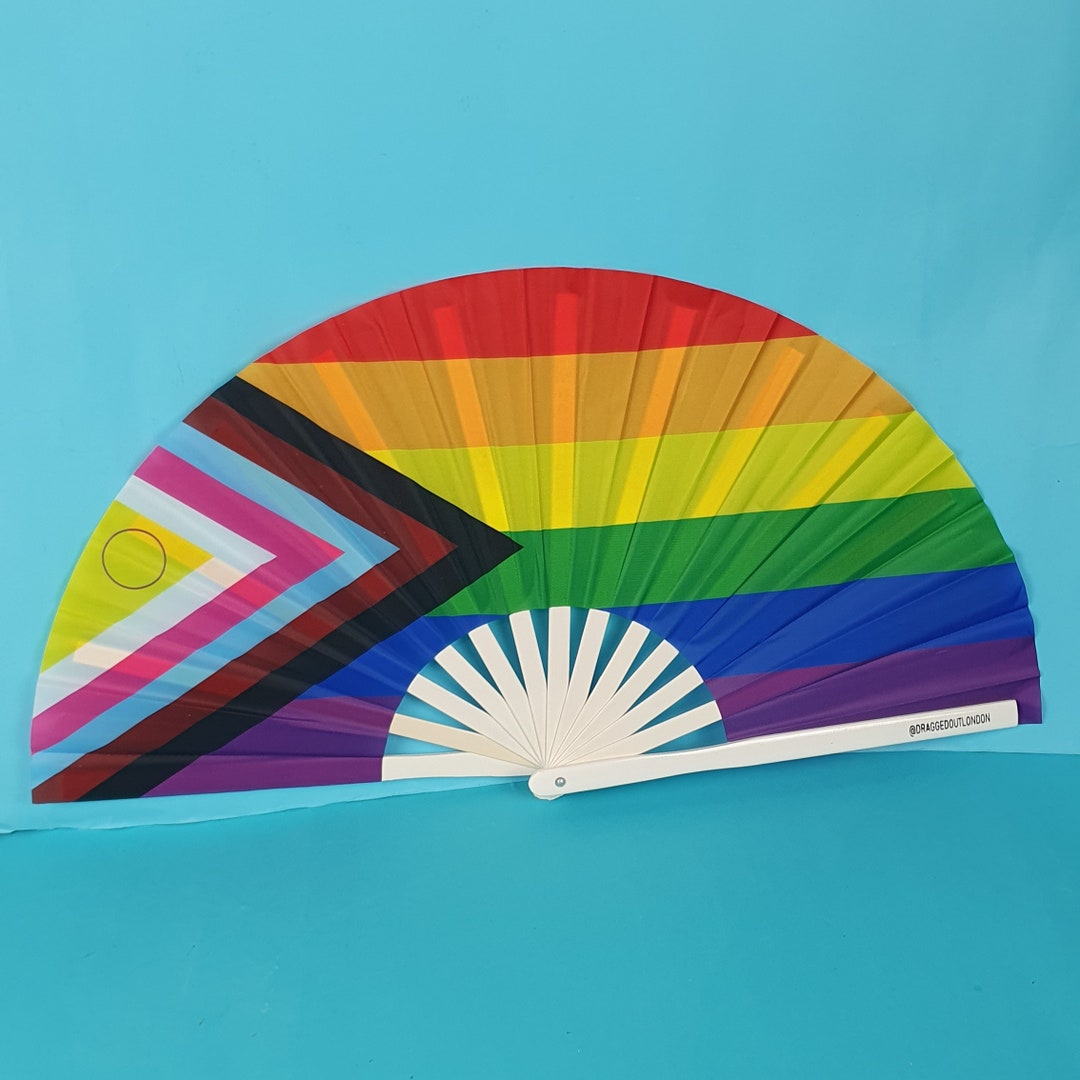 PROGRESSIVE PRIDE FLAG Giant Bamboo Clack Fan. Including a Draw String ...