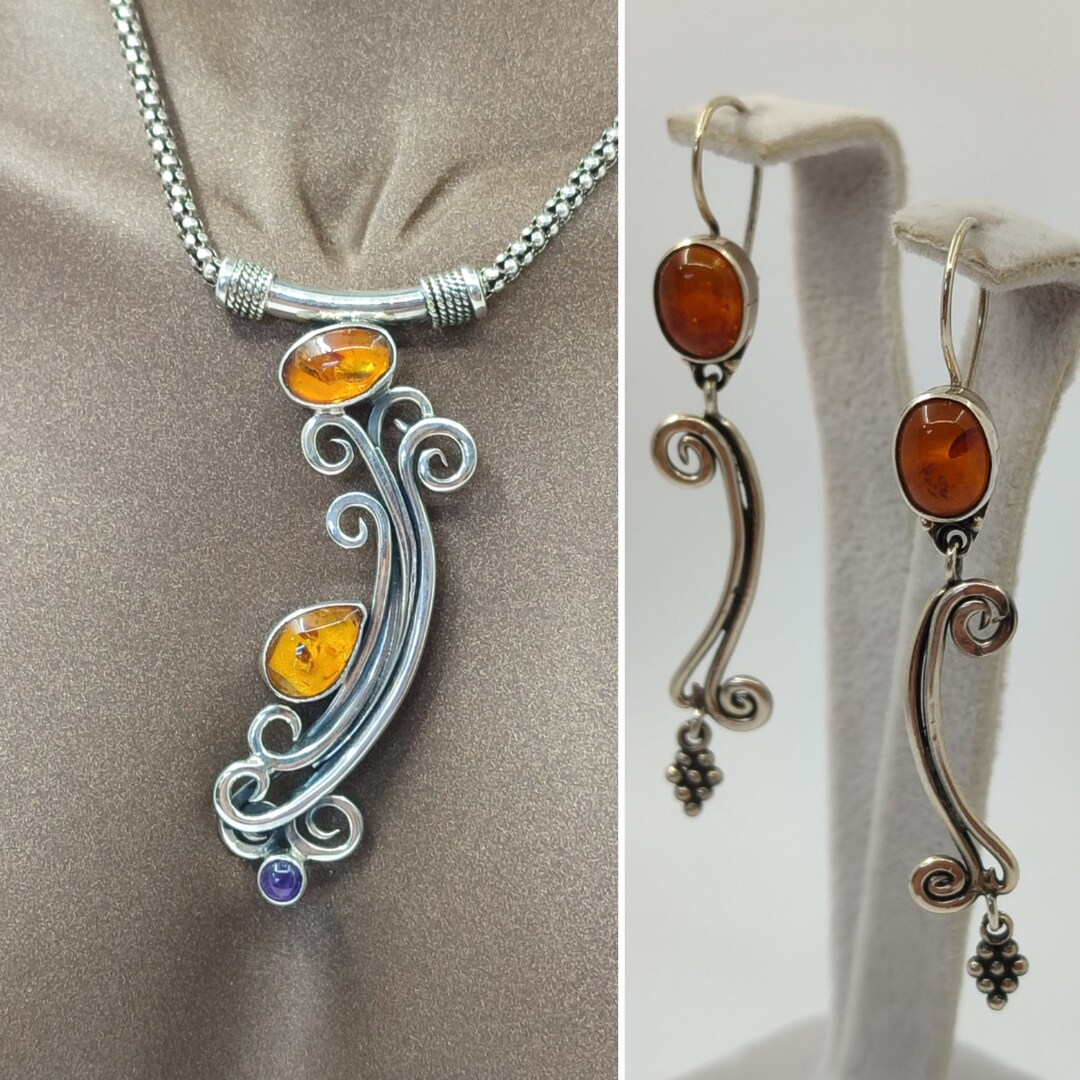 Sterling Silver Authentic Jewelry Set, Amber Necklace earrings, Unique ...