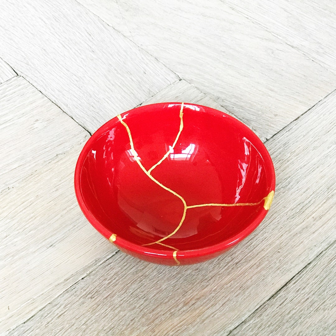 Red Kintsugi Inspired Bowl (025) - Etsy