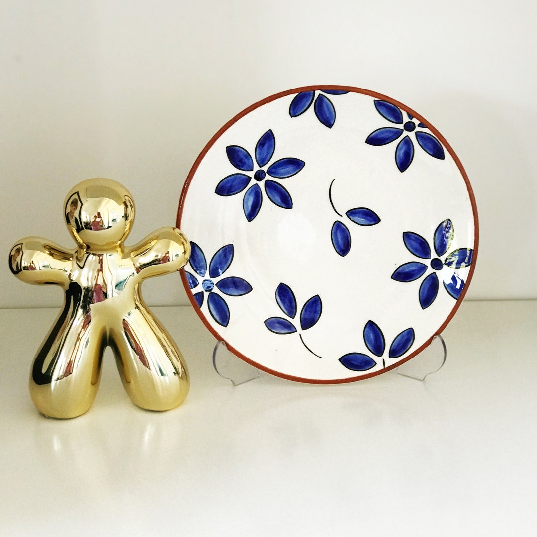 Hand Painted Ceramic Flat Plate, Blue Flower Pattern Cake Plate ...